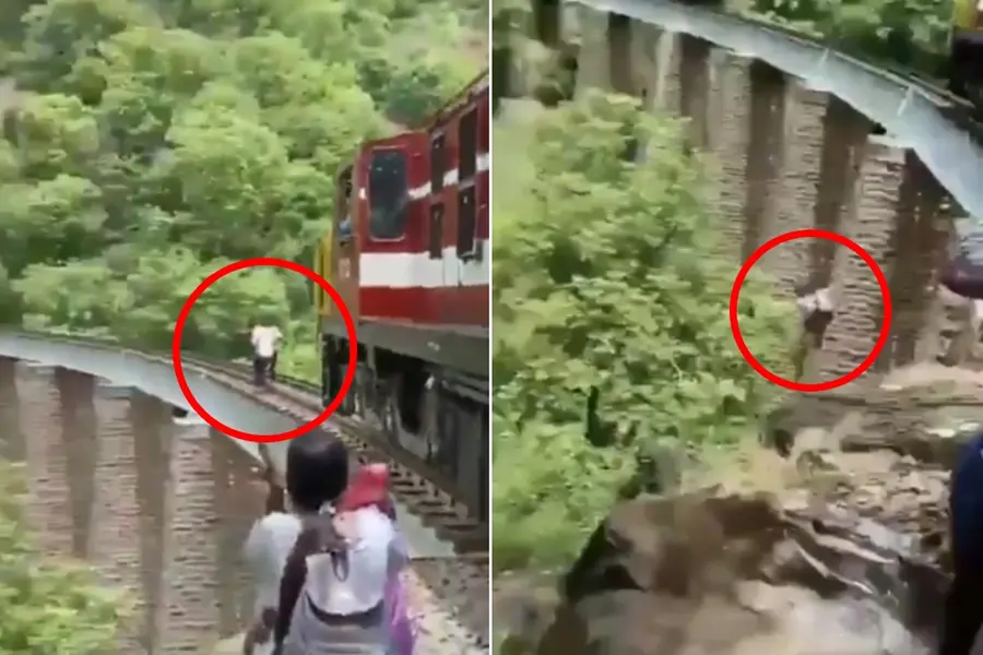 Video: Newlyweds jump off bridge to avoid oncoming train during ...
