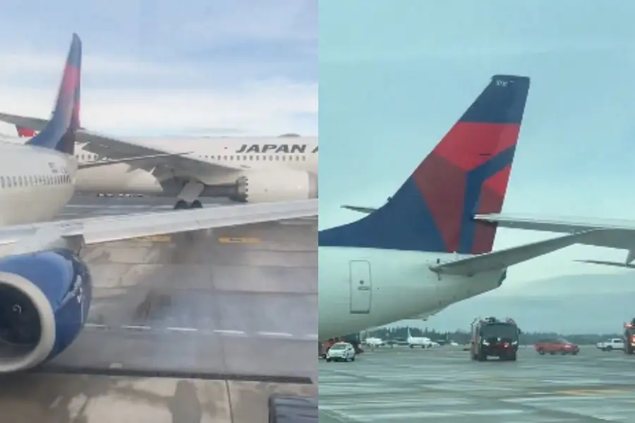 Japan airlines plane collides with parked Delta aircraft while taxiing at Seattle airport | VIDEO