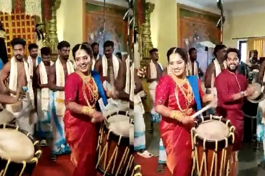 Bride plays 'Chenda' at wedding, groom joins her with 'Ilathalam ...