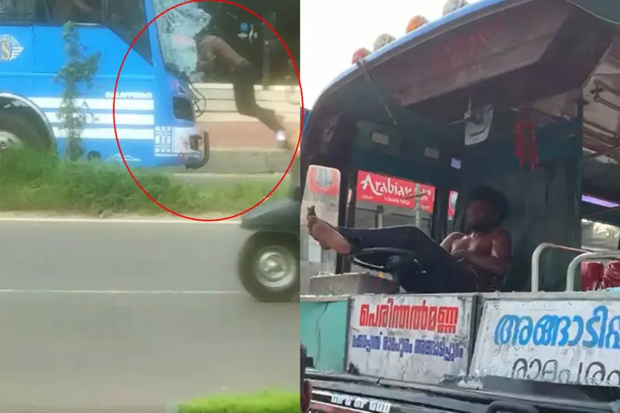 Perinthalmanna: Mentally unstable man jumps onto running bus, breaks windshield