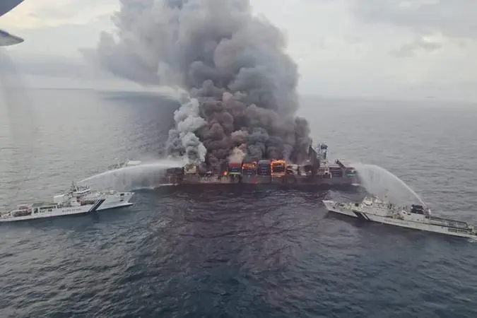 Singaporean cargo ship near Kerala coast still on fire; vessel tilting ...