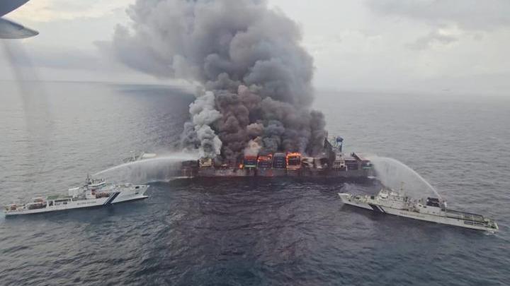 Major breakthrough: Coast Guard tows fire-hit cargo ship away from ...