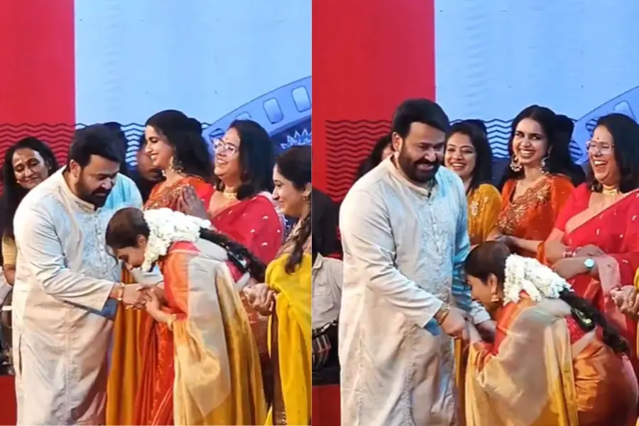Mohanlal laughs as Rimi Tomy playfully tries to touch his feet | VIDEO ...