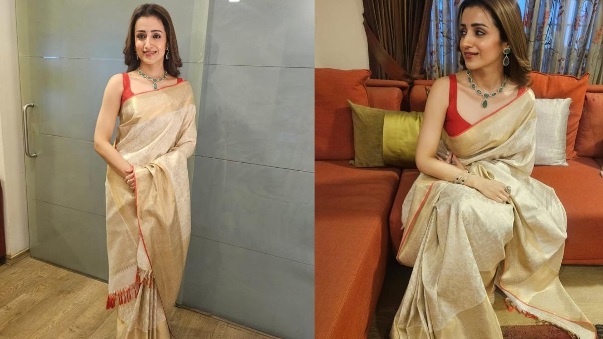 Trisha Krishnan | സ്ലീവ്ലെസ് ബ്ലൗസും ഗോൾഡൻ സാരിയും, വിജയ്ക്കൊപ്പമെത്തിയ ...