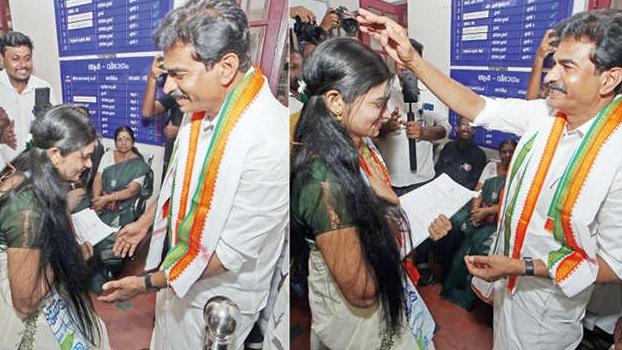 എതിർസ്ഥാനാർഥിയുടെ കാൽതൊട്ട് വന്ദിച്ച് ആതിര ഡി. നായർ: ഏറ്റുമാനൂരിലെ ...